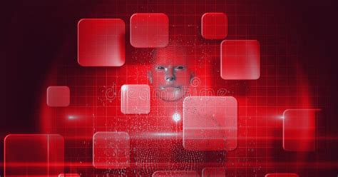 Composition Of Exploding Human Bust Formed With Binary Coding And Red Screens Background Stock