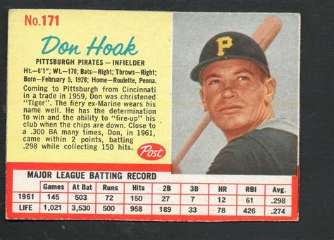 1962 Post Baseball Card 171 Don Hoak Pittsburg Pirates Vg Ex Card Ebay
