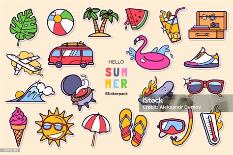 만화 스타일로 설정된 다채로운 여름 스티커 여름 휴가 디자인 요소 액세서리 열대 식물 해변 용품 여행 및 스포츠 용품 등 벡터