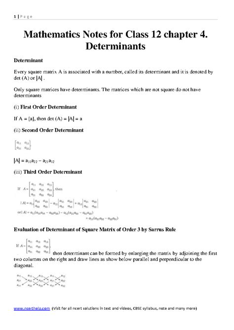 Maths Class 12 Notes Chapter 4 Determinants Explained Studocu