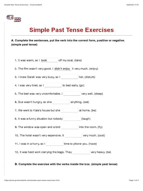 Simple Past Tense Exercises Grammarbank Pdf Syntax Linguistic