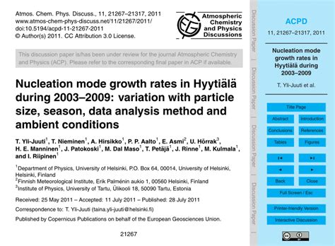 Pdf Growth Rates Of Nucleation Mode Particles In Hyytiälä During 2003