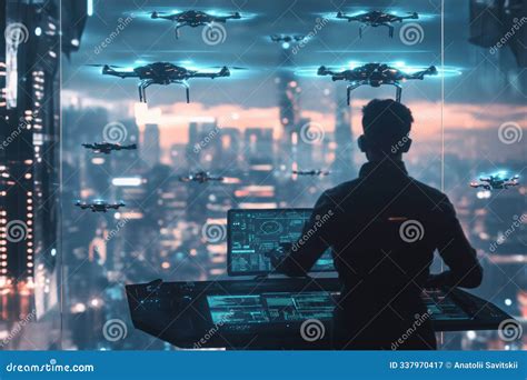 A Drone Pilot Skillfully Maneuvers Multiple Drones Using A High Tech Touchpad In A Dynamic