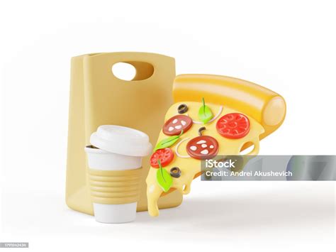 3d 렌더링 갈색 종이 봉지 와 피자 조각 와 음료 컵 배달을위한 공예 상자 패키지가있는 만화 배너 및 패스트 푸드 점심 식사