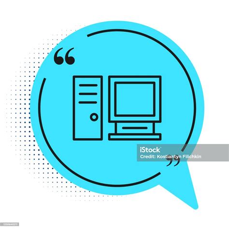 흰색 배경에 격리 된 검은 줄 컴퓨터 모니터 아이콘 Pc 구성 요소 기호입니다 파란색 음성 버블 기호입니다 벡터 일러스트레이션 0명에 대한 스톡 벡터 아트 및 기타 이미지