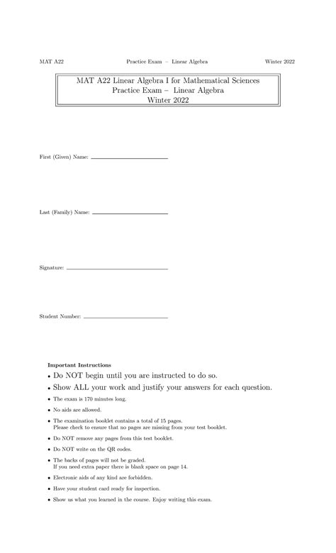 Mat A22 Exam Practice Blank Mat A22 Practice Exam Linear Algebra Winter 2022 Mat A22 Linear