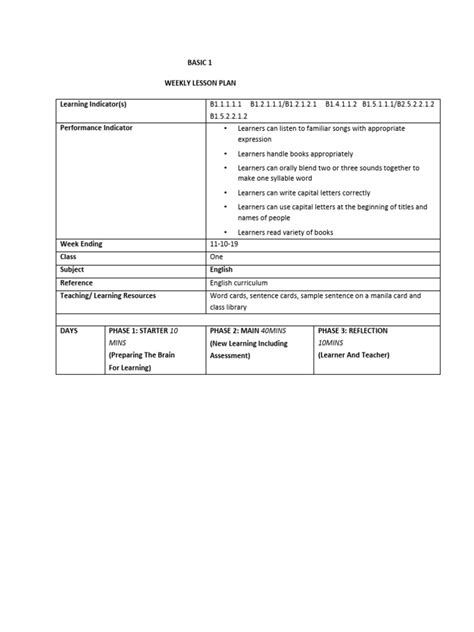 Ges Lesson Plan Notes Basic 1 Week 5 Term1 Pdf Learning Curriculum
