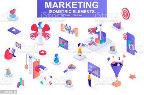 등등 분석 요소의 마케팅 전략 번들 마케팅 깔때기 리드 생성 연구 및 전략 계획 메가 폰 고립 된 아이콘 등극 벡터 일러스트 키트 등측투영법에 대한 스톡 벡터 아트 및 기타