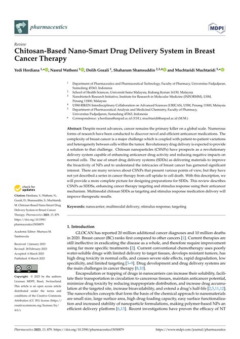 Pdf Chitosan Based Nano Smart Drug Delivery System In Breast Cancer Therapy