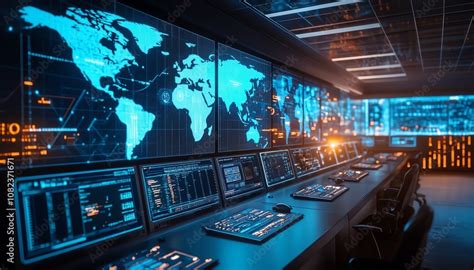 Futuristic Command Center Monitoring Worldwide Operations Multiple