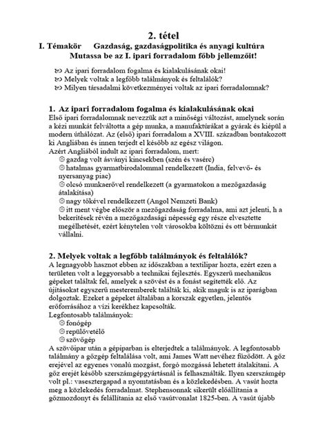 Tétel Mutassa Be Az I Ipari Forradalom Főbb Jellemzőit Pdf