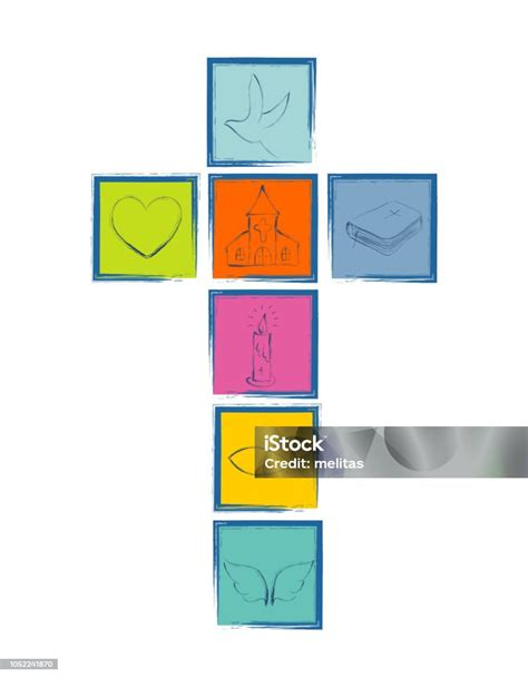 종교적 상징으로 기독교 십자가입니다 다채로운 사각형 기독교 상징으로 크로스 세례식에 대한 스톡 벡터 아트 및 기타 이미지