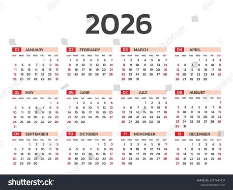Calendar 2026 Year Vector Illustration Set Stock Vector Royalty Free