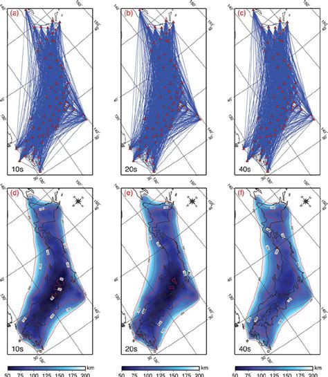 a b and c show ray path coverage at 10 20 and 40 s whereas