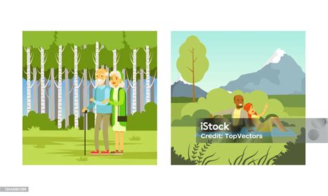 숲을 통해 야외 산책을 즐기고 자연 벡터 세트에서 담요에 휴식하는 남자와 여자 개념에 대한 스톡 벡터 아트 및 기타 이미지 개념 계절 나무 Istock