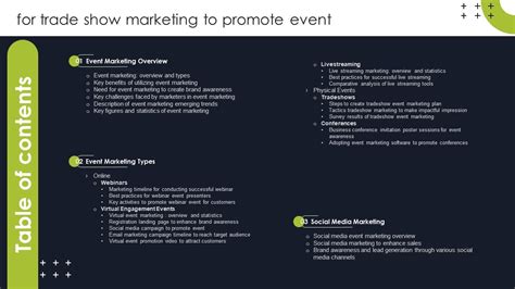 Trade Show Marketing To Promote Event Table Of Contents Mkt Ss Ppt Slide