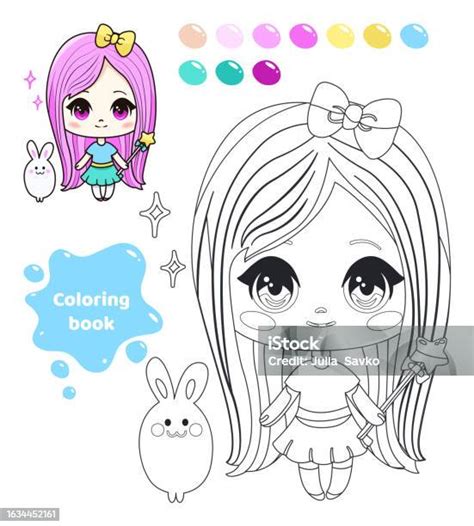 아이들을 위한 색칠하기 책 만화 애니메이션 소녀와 함께 그림을 그리기 위한 워크시트 색칠하기에 대한 스톡 벡터 아트 및 기타