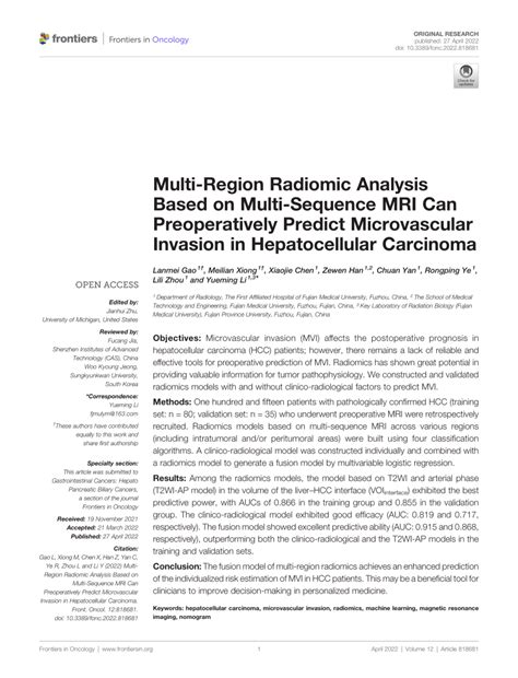 Pdf Multi Region Radiomic Analysis Based On Multi Sequence Mri Can Preoperatively Predict