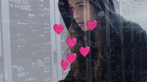Animation Of Caucasian Female Hacker And Hearts Over Server Room Stock