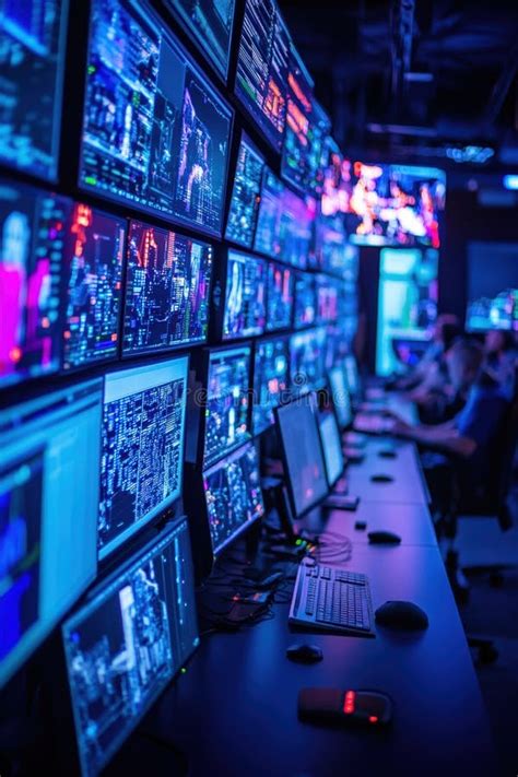 A Futuristic Control Room With Multiple Screens Displaying Data Streams