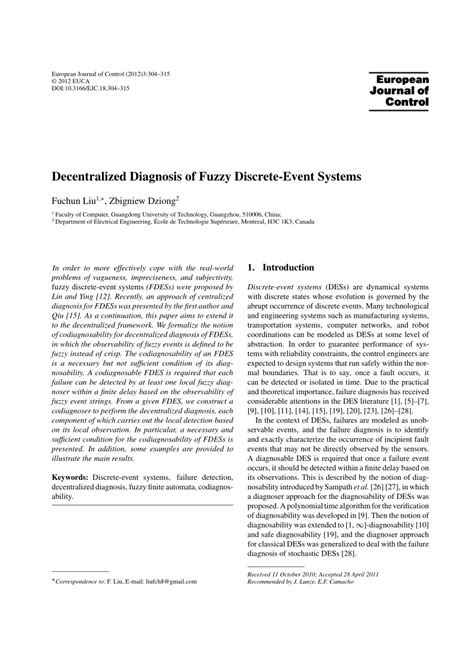 Pdf Decentralized Diagnosis Of Fuzzy Discrete Event Systems