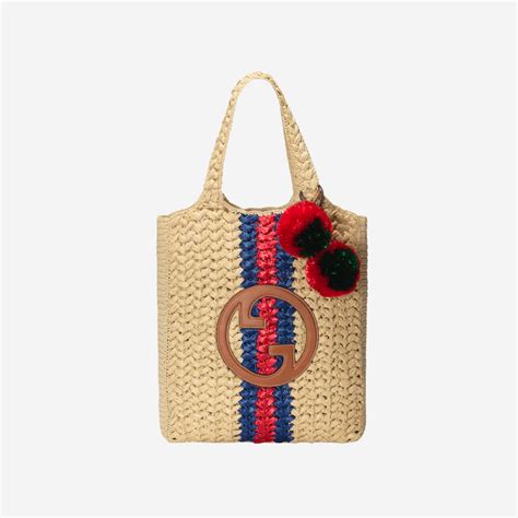 구찌 토트백 라운드 인터로킹 G 내츄럴 라피아 이펙트 Gucci Kream