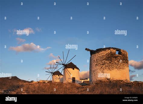 Old Traditional Windmills A Landmark Of Cyclades Overlooking The