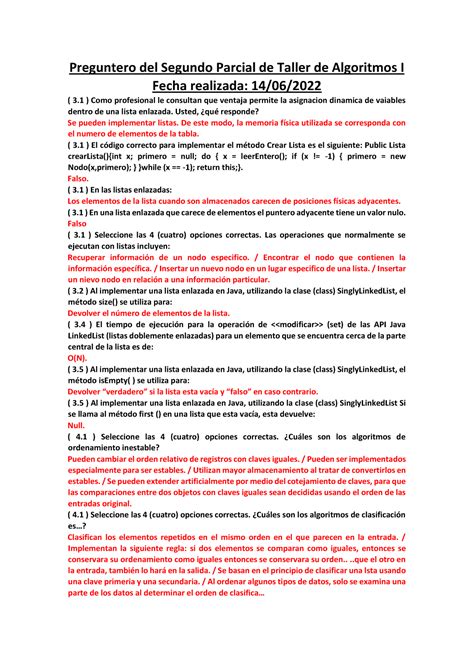 Parcial TAED Final Preguntero Del Segundo Parcial De Taller De Algoritmos I Fecha