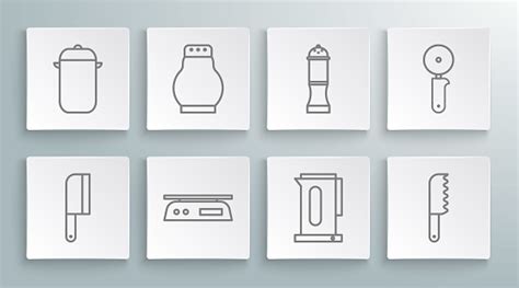 세트 라인 고기 다지기 소금과 후추 전자 저울 손잡이가 달린 주전자 빵 칼 후추 피자 및 요리 냄비 아이콘 벡터 건강한 생활