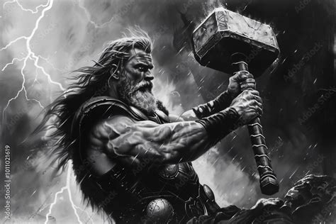 Engraving Of The Norse God Thor Wielding A Magical Hammer Called