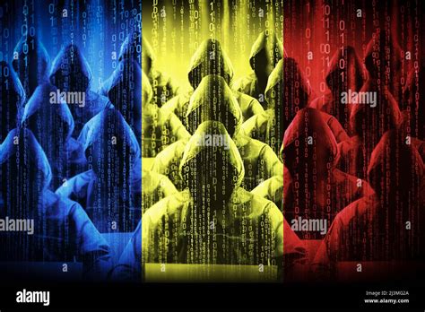 anonymous hooded hackers flag of romania binary code cyber attack