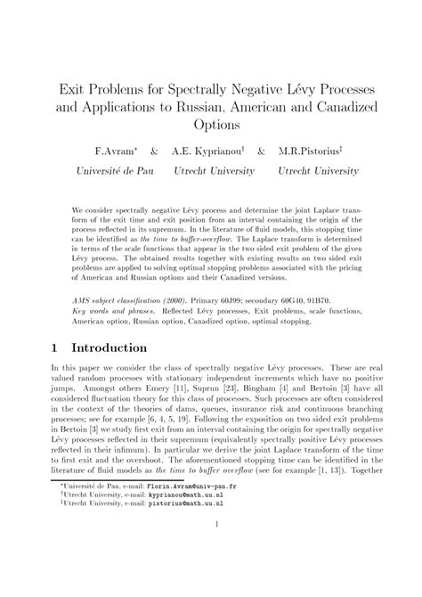 Pdf Exit Problems For Spectrally Negative Lévy Processes And Applications To Russian American