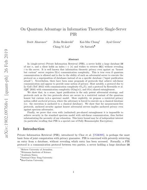 Pdf On Quantum Advantage In Information Theoretic Single Server Pir