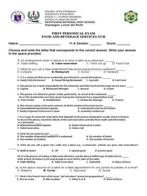 fbs ncii exam answer key pdf restaurants foodservice