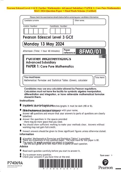 Pearson Edexcel Level 3 Gce Further Mathematics Advanced Subsidiary