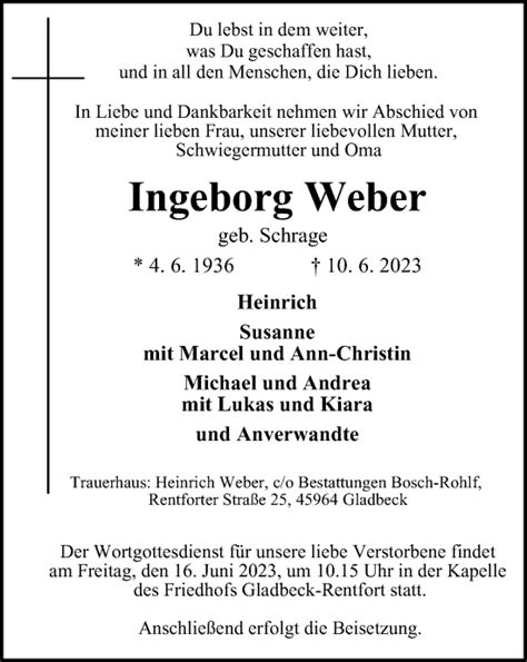 Traueranzeigen Von Ingeborg Weber Trauer In Nrw De