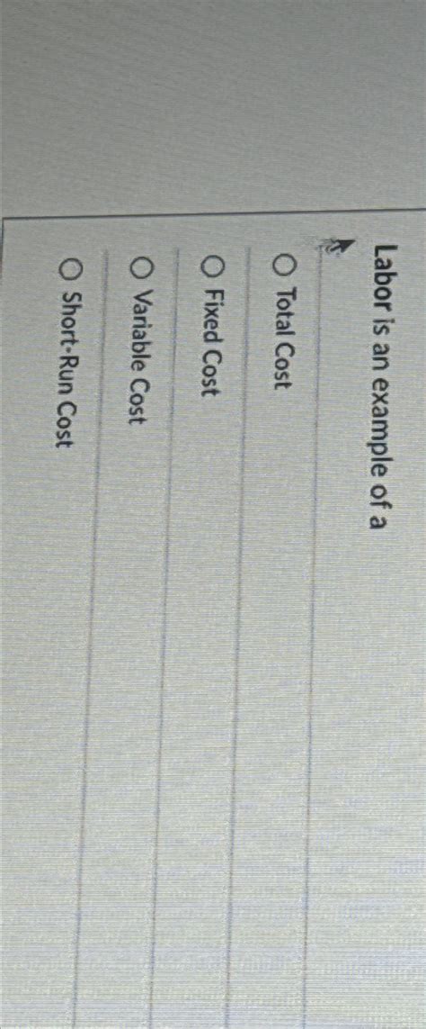 Solved Labor Is An Example Of ATotal CostFixed CostVariable Chegg Com