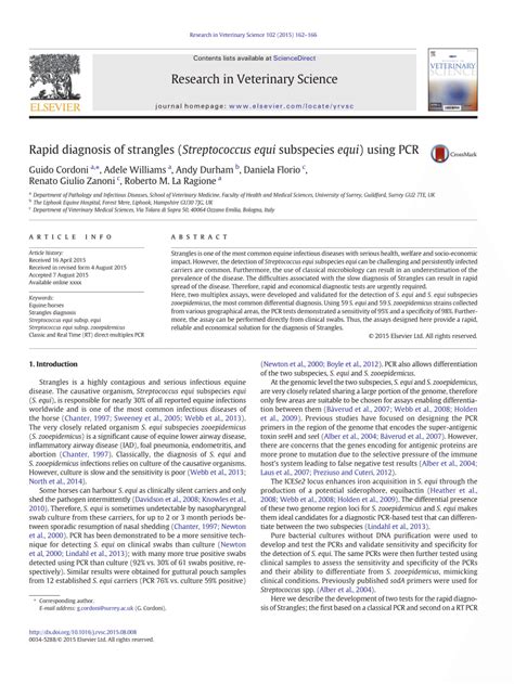 Pdf Rapid Diagnosis Of Strangles Streptococcus Equi Subspecies Equi Using Pcr