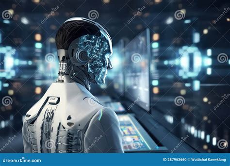 Cyborg Android Robot Working With Laptop Control Panel System Network Data Chat GPT Artificial