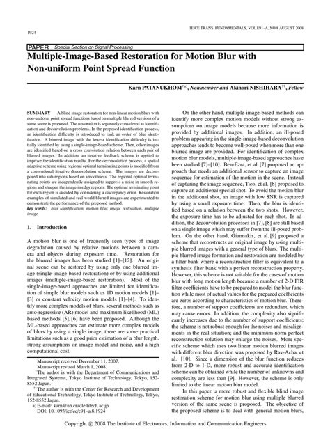 Pdf Multiple Image Based Restoration For Motion Blur With Non Uniform Point Spread Function