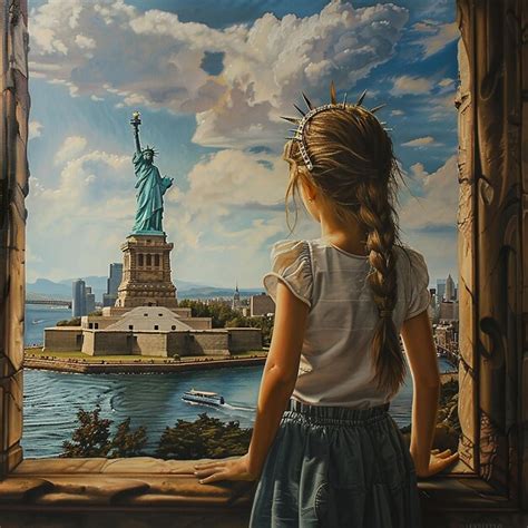 3d Rendered Photo Of A Oil Painting Of A Girl Watching Statue Of