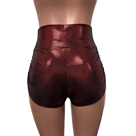 Ruched Booty Shorts Dark Red Sparkle Ruched Rave Shorts Scrunch
