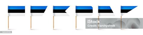 현실적인 다양한 에스토니아 이쑤시개 깃발 에스토니아에서 기념품 종이 깃발이 달린 나무 이쑤시개 위치 표시 지도 포인터 광고 및 프로모션을위한 빈 모형 벡터 그림 0명에 대한
