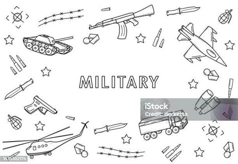 군사 낙서 아이콘 군사 장비 군대 아이템의 세트의 벡터 일러스트레이션 그리기에 대한 스톡 벡터 아트 및 기타 이미지 그리기