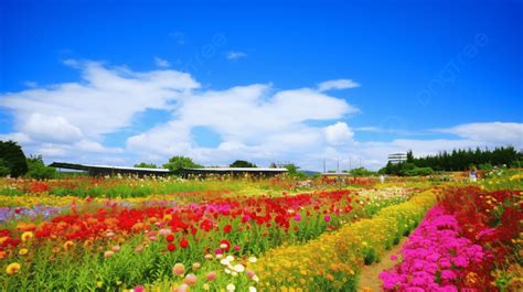 형형색색의 꽃과 구름이 가득한 정원 홋카이도 여름 푸른 하늘과 화려한 꽃밭 고화질 사진 사진 꽃 배경 일러스트 및 사진 무료 다운로드 Pngtree