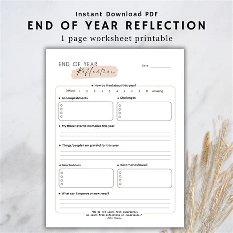 End Of Year Reflection Worksheet Printable Yearly Review Digital