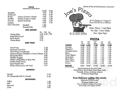 Menu Freeport Ils Joes Pizza Sirved