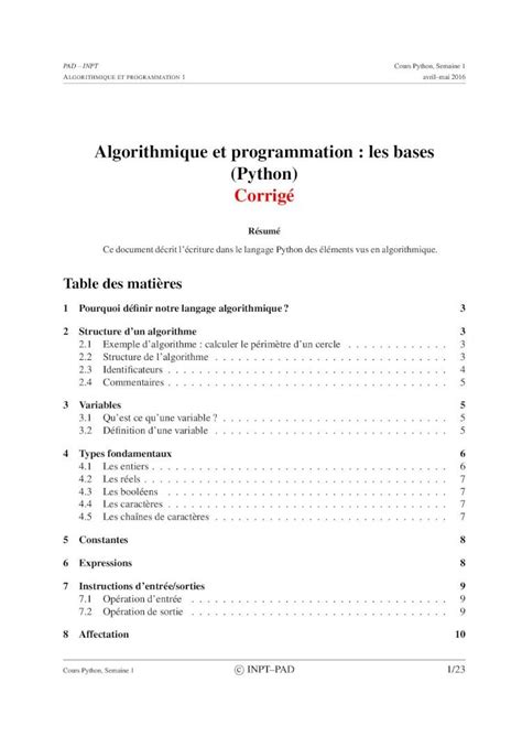 pdf algorithmique et programmation les bases python corrigécregut