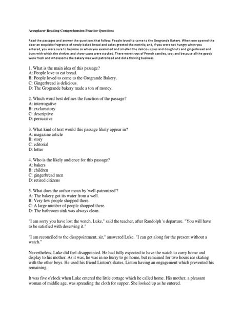 Accuplacer Reading Comprehension Practice Questions Pdf