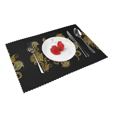 Home Classical Plant Golden Background Placemats Set Of 4 Washable Wipeable Place Mats Place